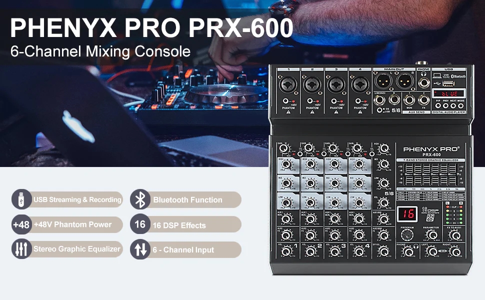 Buy Phenyx Pro PRX-600, 6 Channels, Stereo Equalizer w/16 Echo Effects ...
